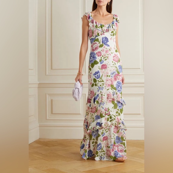 Reformation | Dresses | Reformation Tripoli Donna Ruffle Flounce Floral Print Tiered Long Maxi ...